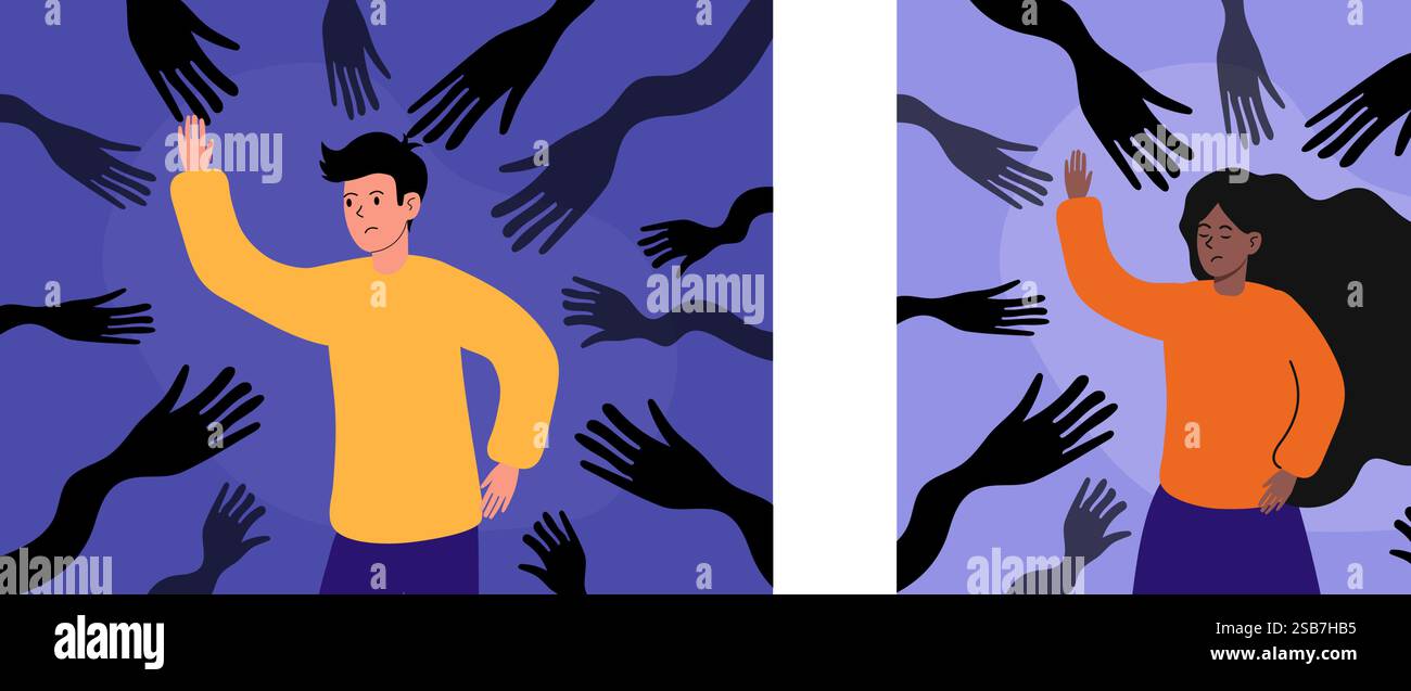 Illustration of a young man pushing away dark hands in a symbolic ...