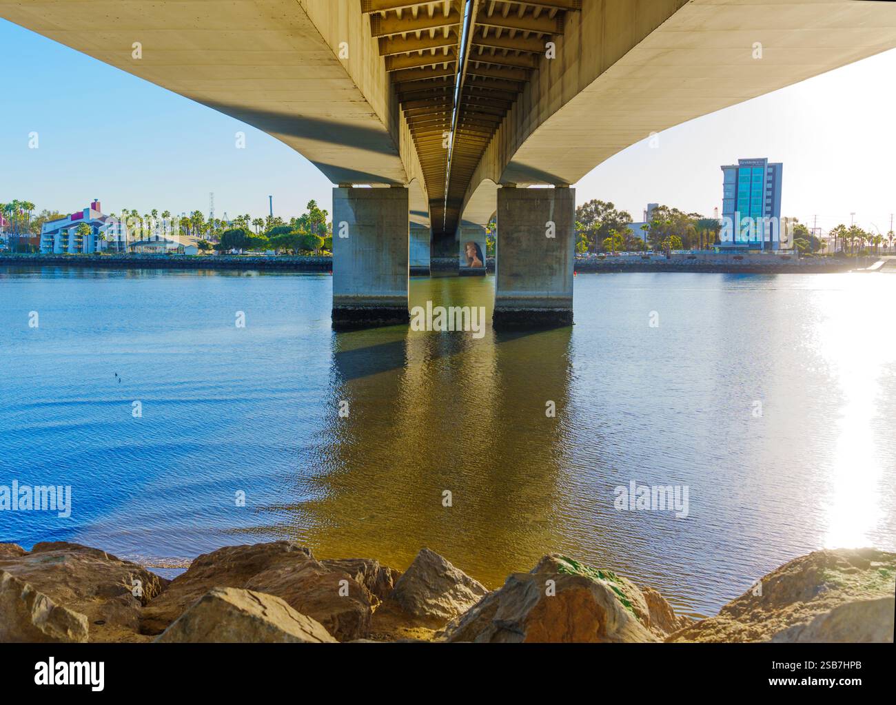 Long Beach, California - January 15, 2025: View from beneath a bridge ...