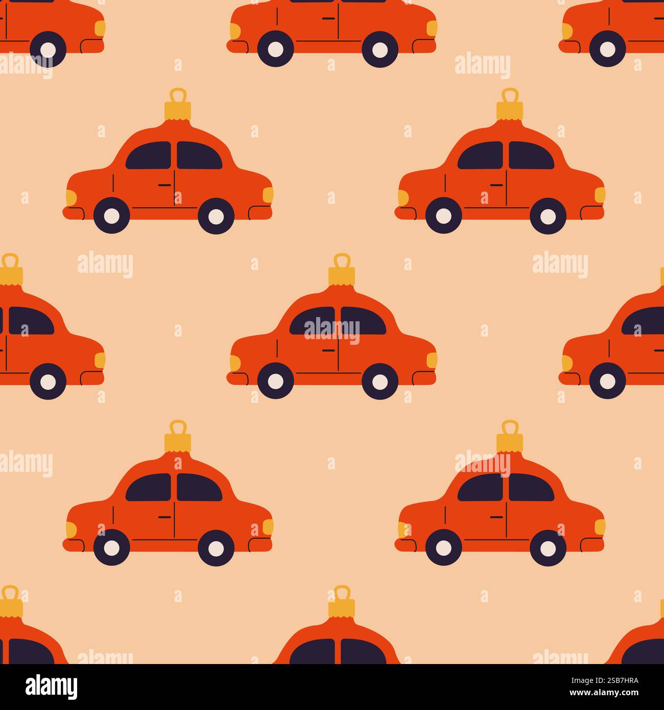 A repeating pattern features red taxis with yellow lights on a soft ...