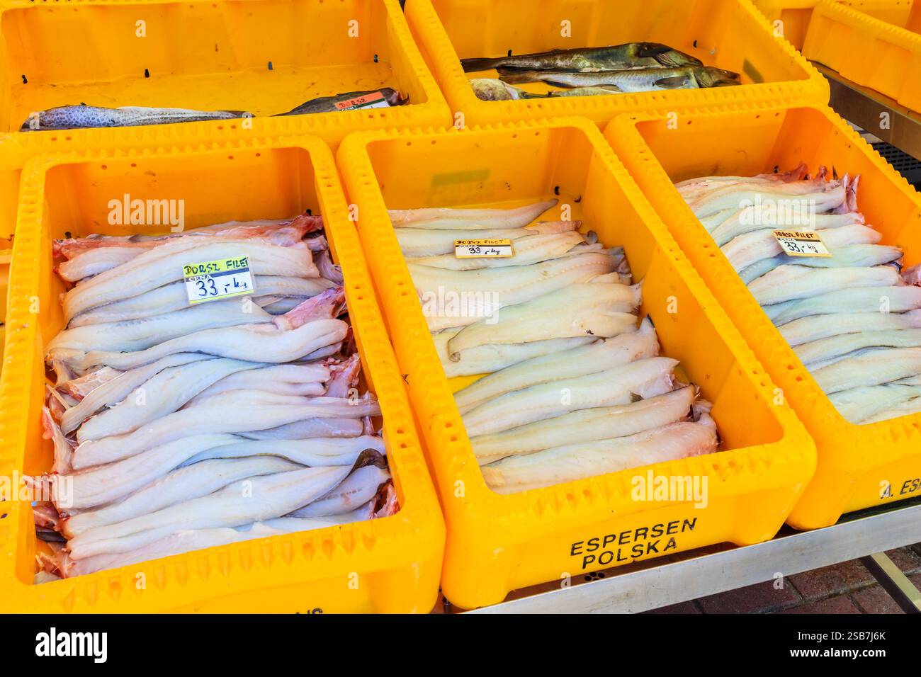 CHLOPY PORT, POLAND - JUN 1, 2020: Crates with fresh fish for sale in ...