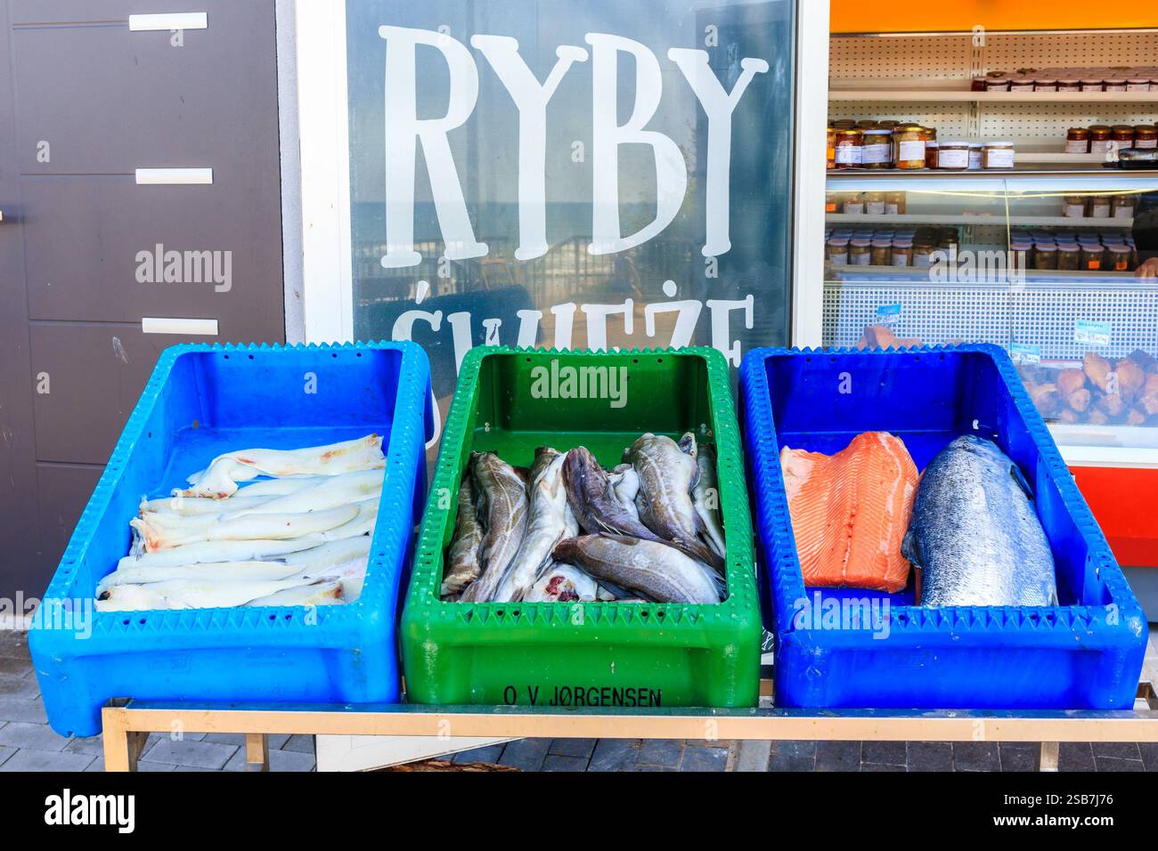 CHLOPY PORT, POLAND - JUN 1, 2020: Crates with fresh fish for sale in ...