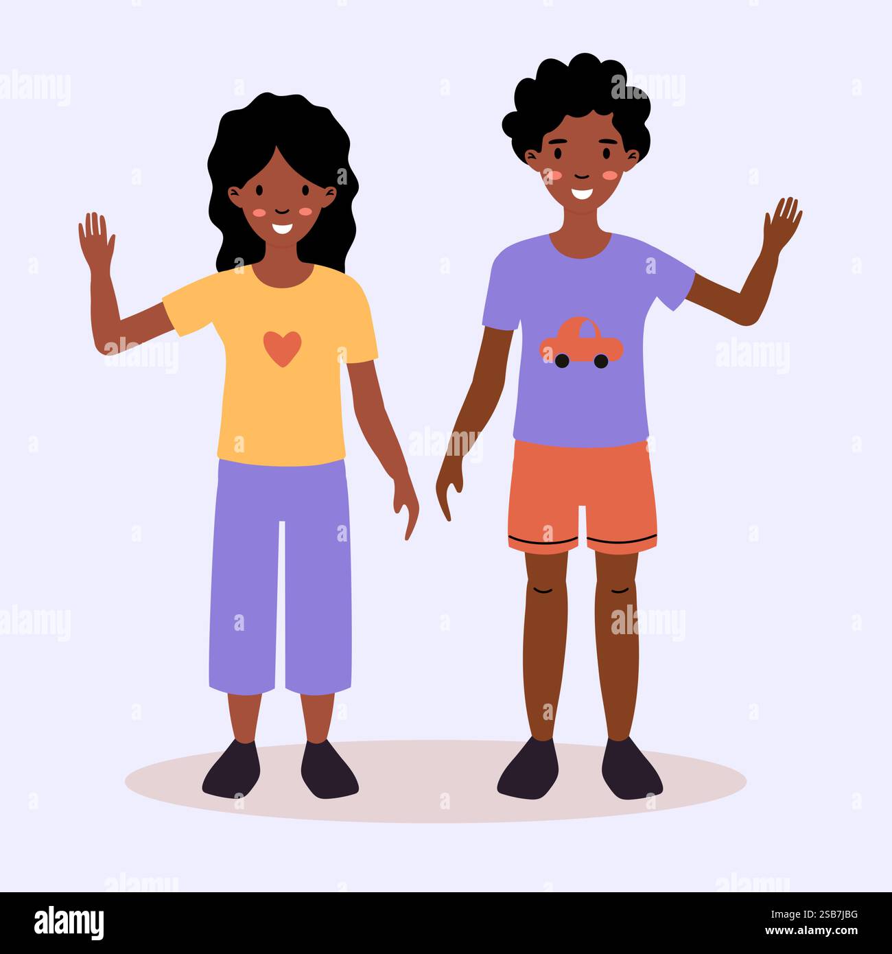 A boy and a girl are smiling and waving at the viewer, dressed casually ...