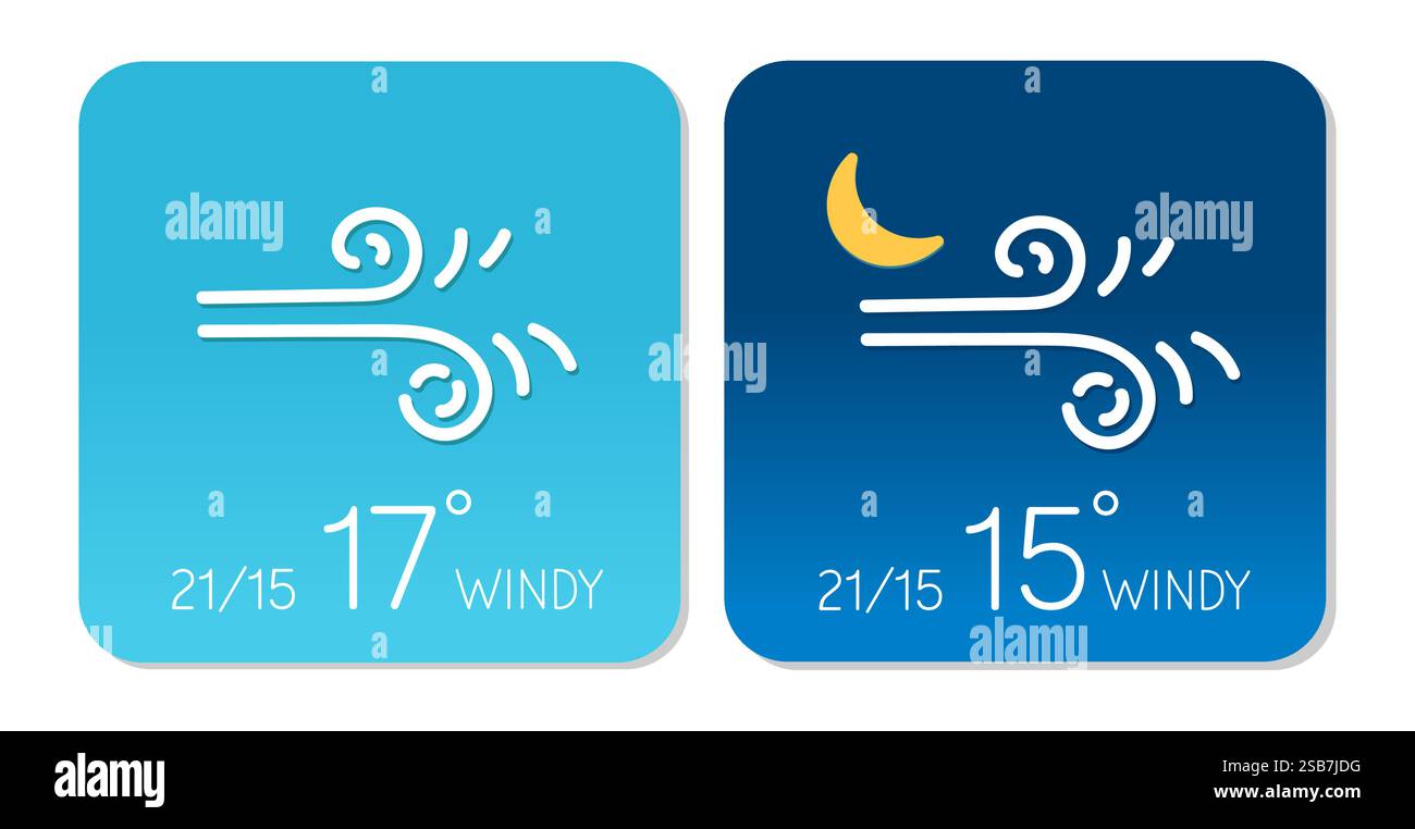 Two weather icons show windy conditions with day and night temperatures ...