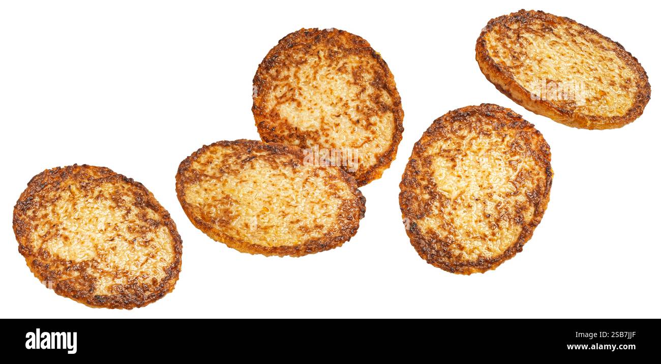 Flying potato pancakes isolated on white background Stock Photo - Alamy