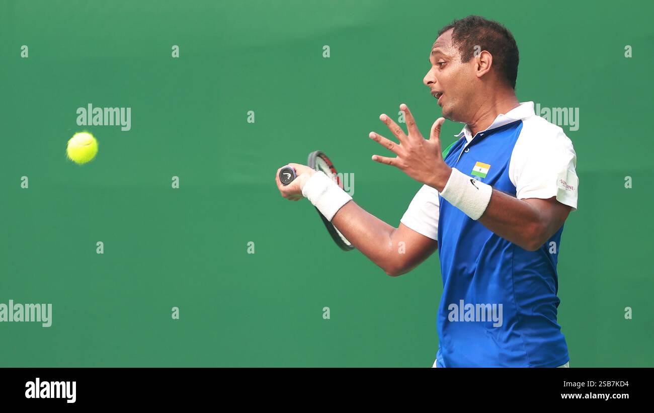 New Delhi, Delhi, India. 1st Feb, 2025. Ramkumar Ramanathan of India during match no 2 of Davis ...