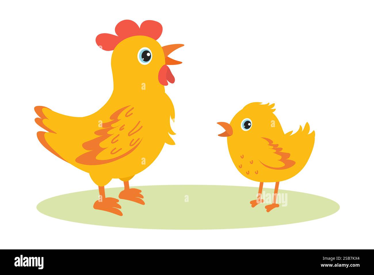 Chicken and chick interacting in a colorful cartoon setting Stock ...