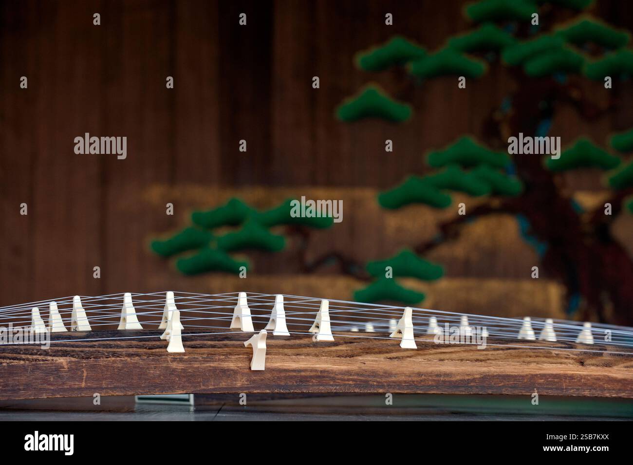 A "koto" (Japanese harp string instrument) sits on a Noh stage with a ...