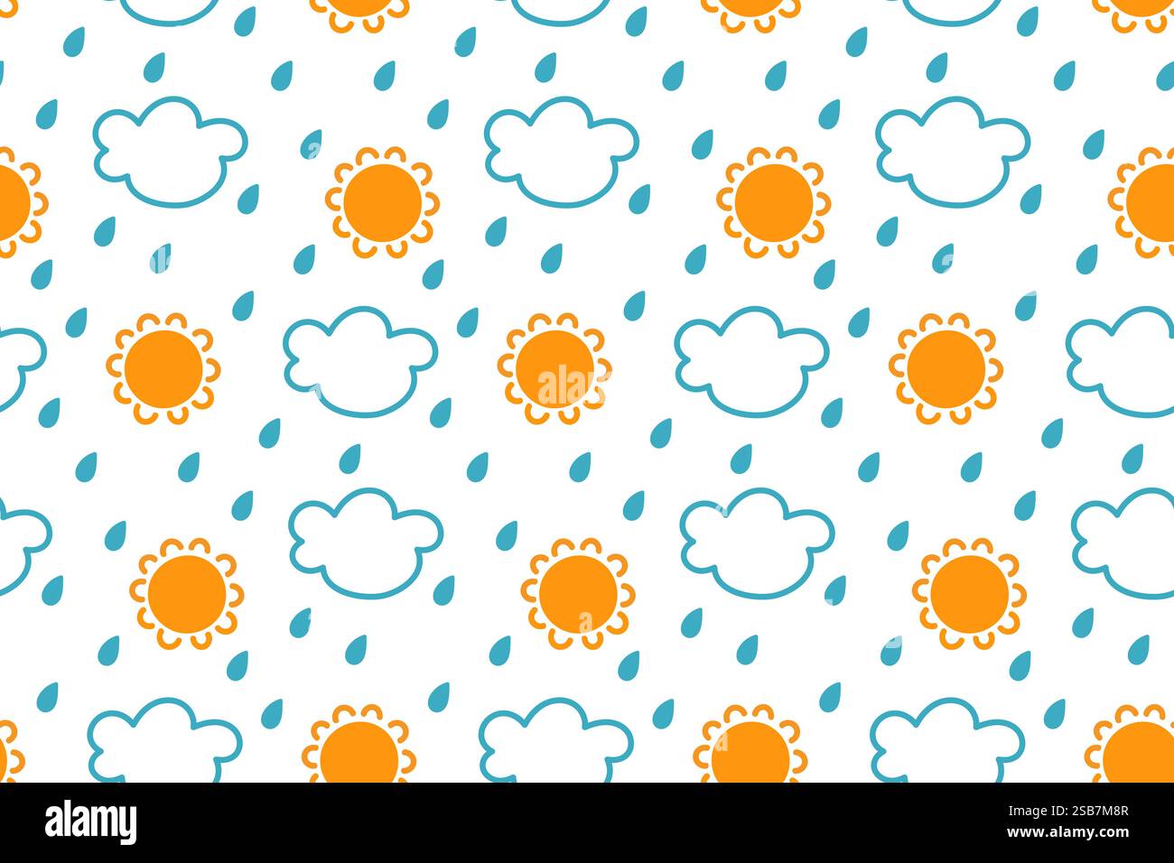 Colorful weather pattern featuring sun, clouds, and rain on a light ...