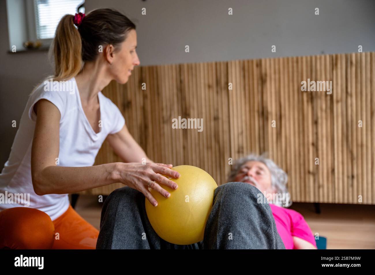 A therapist assists an elderly person with a rehabilitation exercise ...