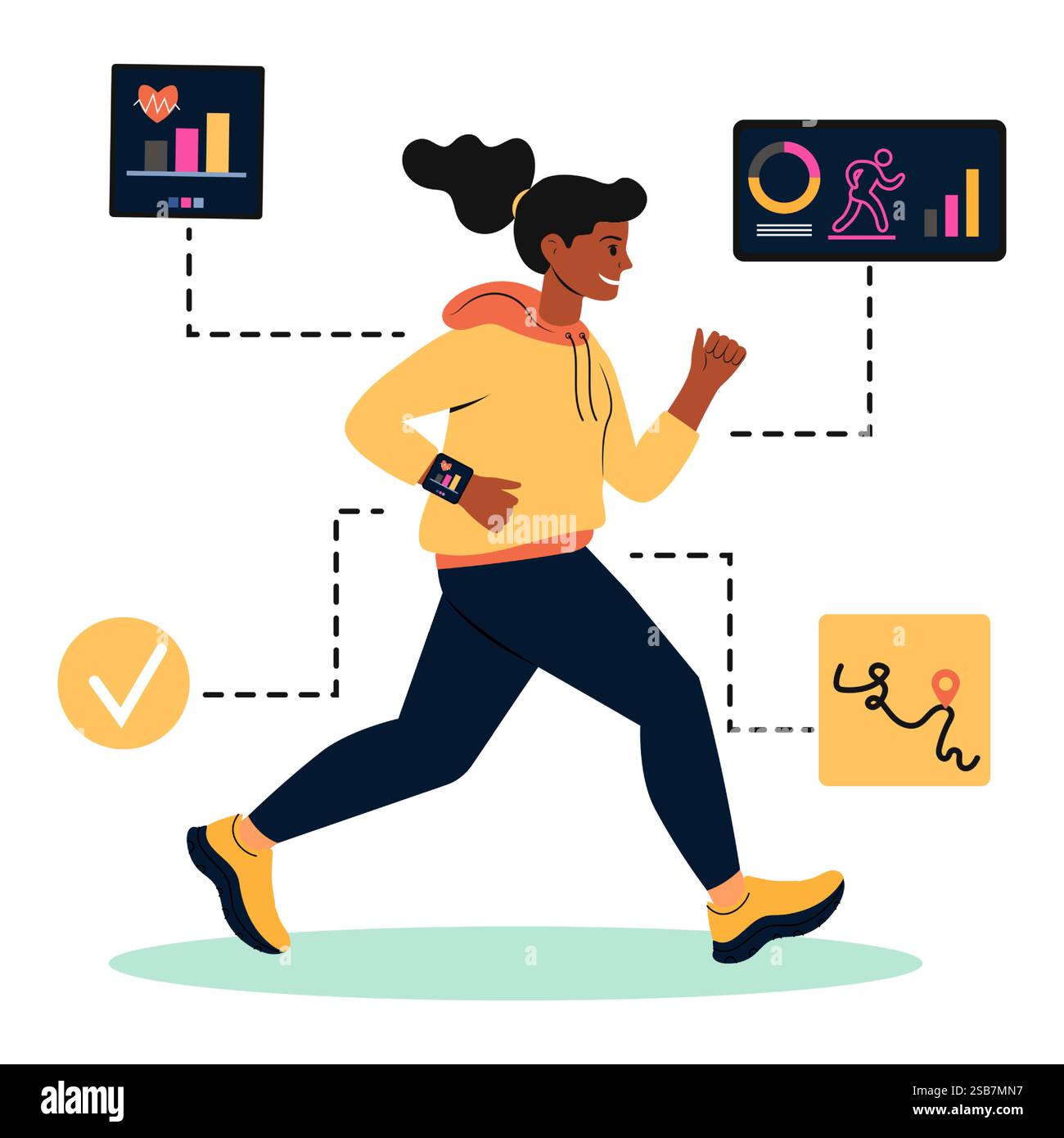 A young woman jogs while tracking her fitness progress with a ...