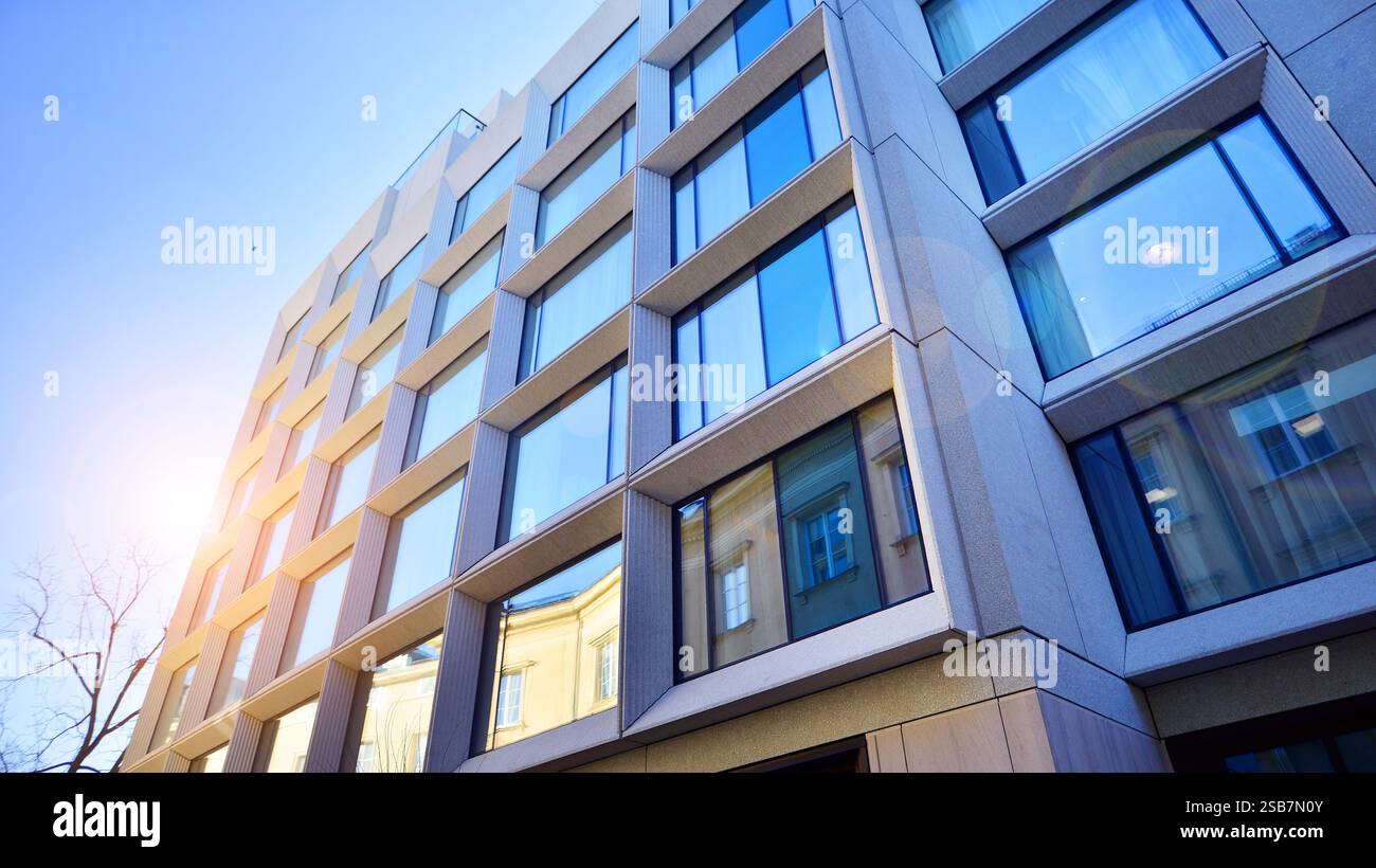Large glass windows in a modern hotel building. Modern urban ...