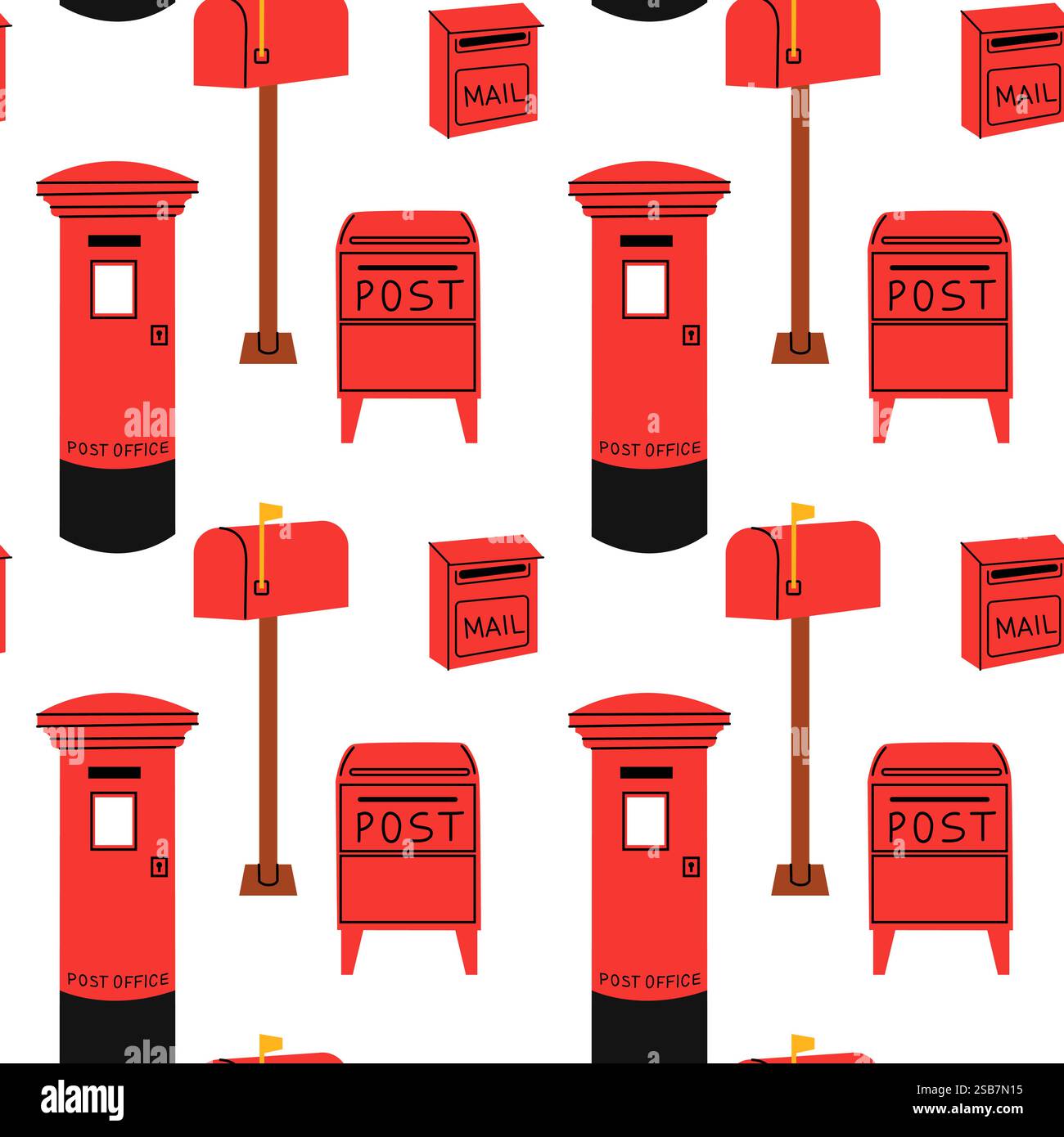 Colorful pattern featuring various postal boxes and mailboxes on a ...