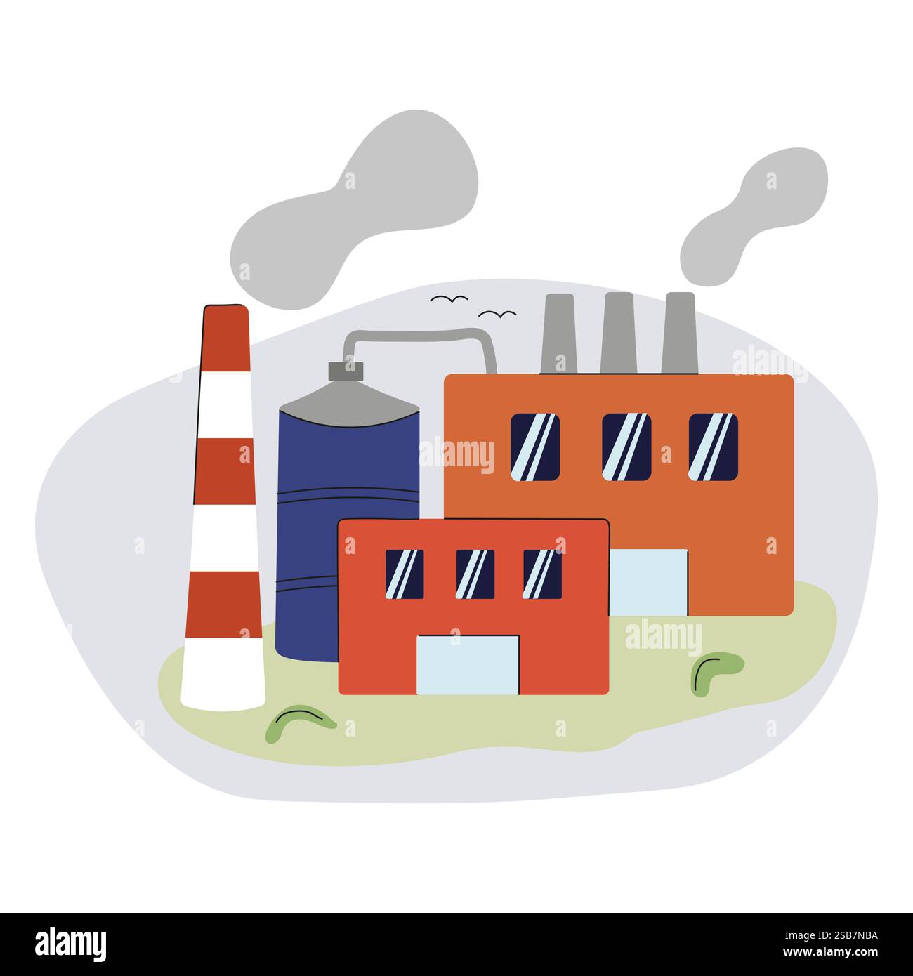 Industrial complex with smokestacks and storage tanks in a stylized ...