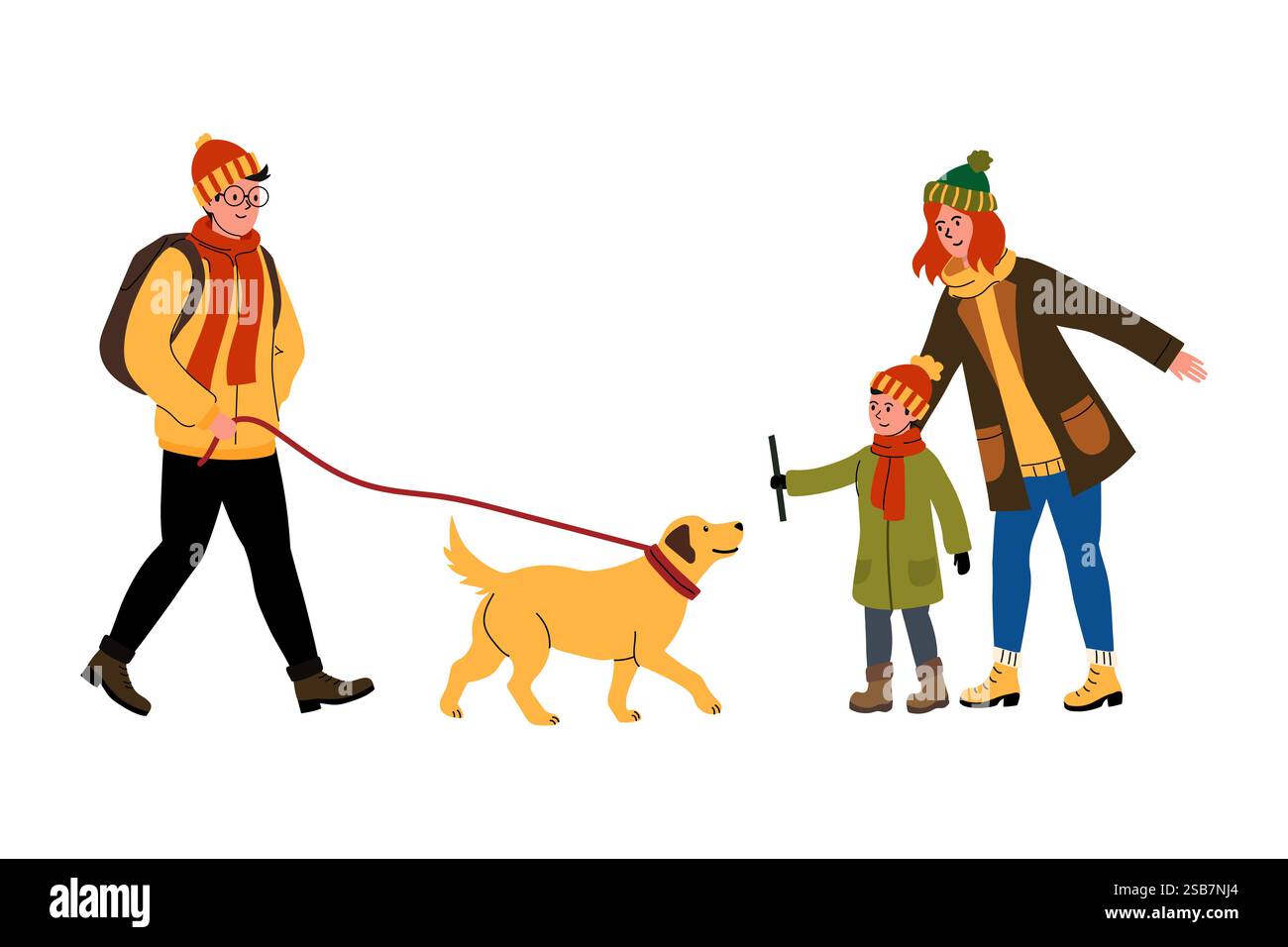 Family enjoys a walk with their dog on a cool day in a park setting ...