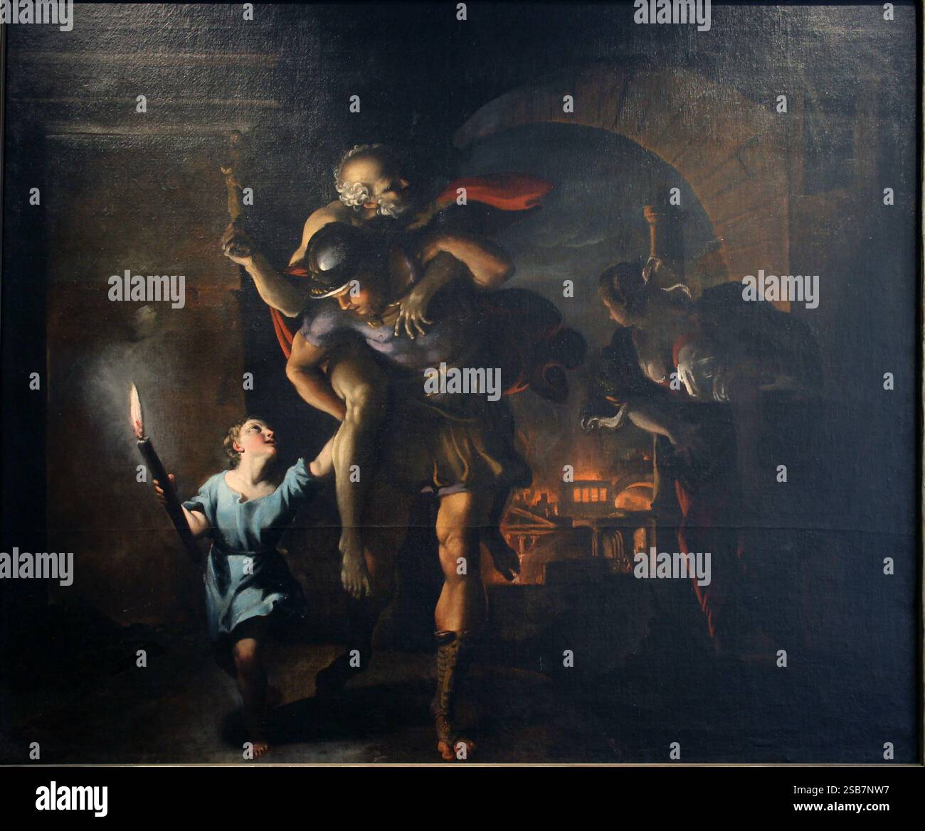 Aeneas and Anchises fleeing from burning Troy oil on canvas - Giovanni ...
