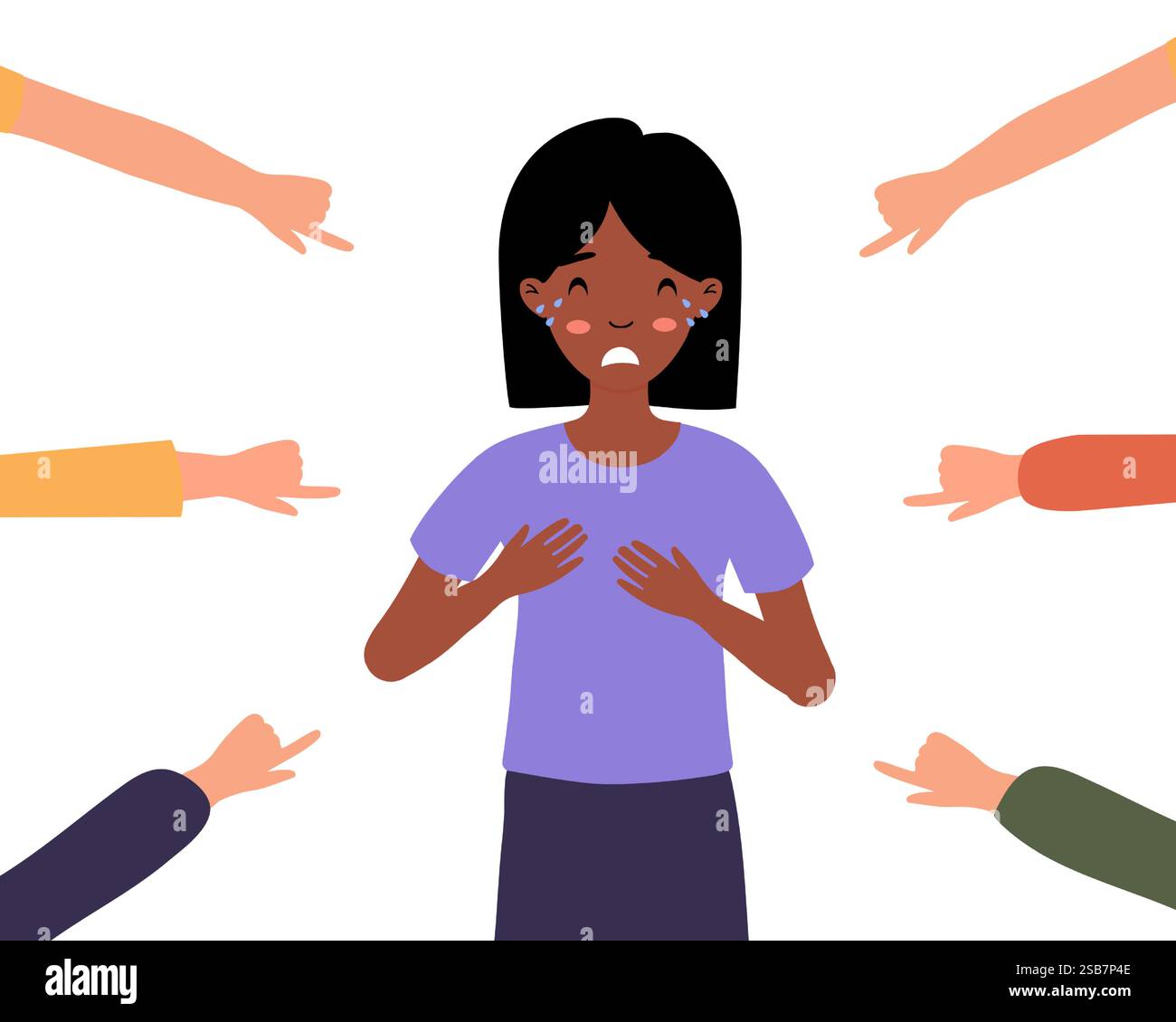 A young girl feels overwhelmed as multiple hands point at her in a ...