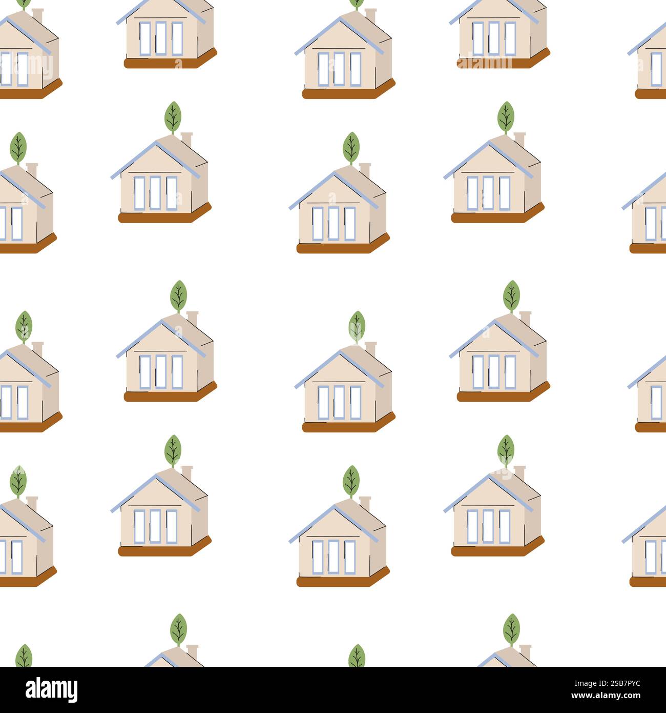 A repeated pattern features small houses designed in muted colors with greenery adding a touch ...