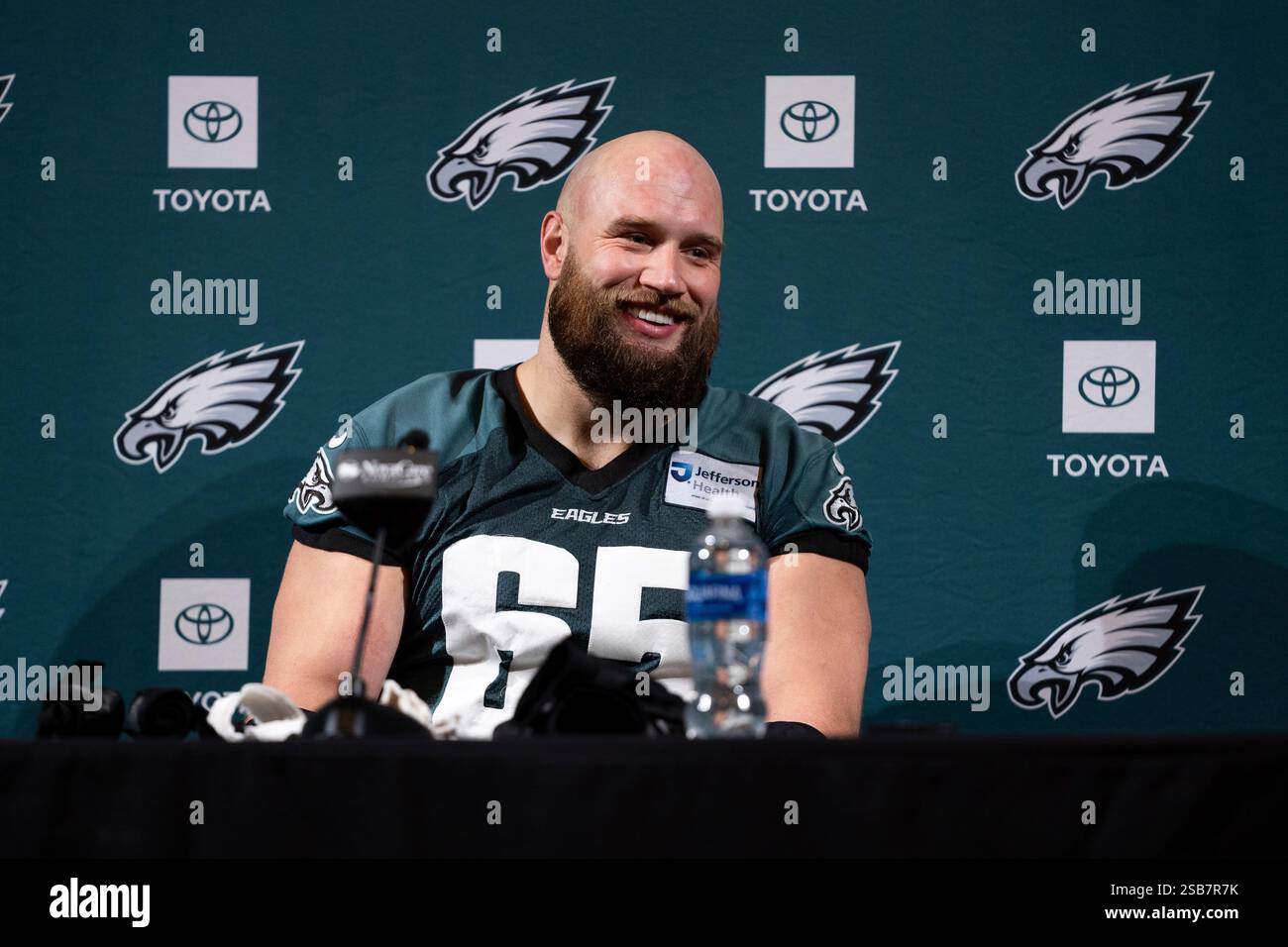 Philadelphia Eagles tackle Lane Johnson speaks with the media during a ...