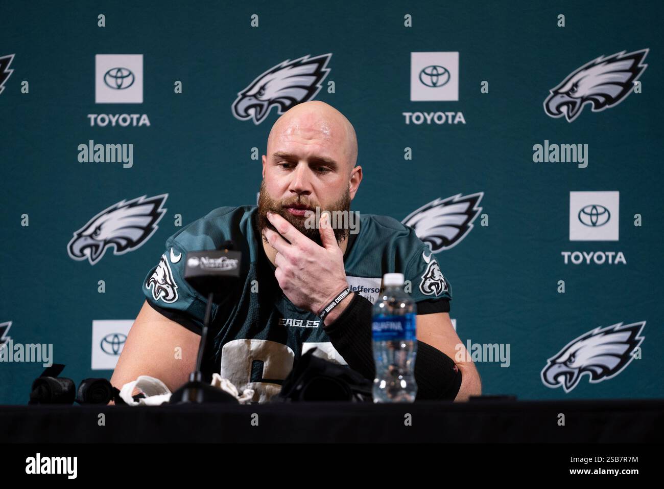Philadelphia Eagles tackle Lane Johnson speaks with the media during a ...