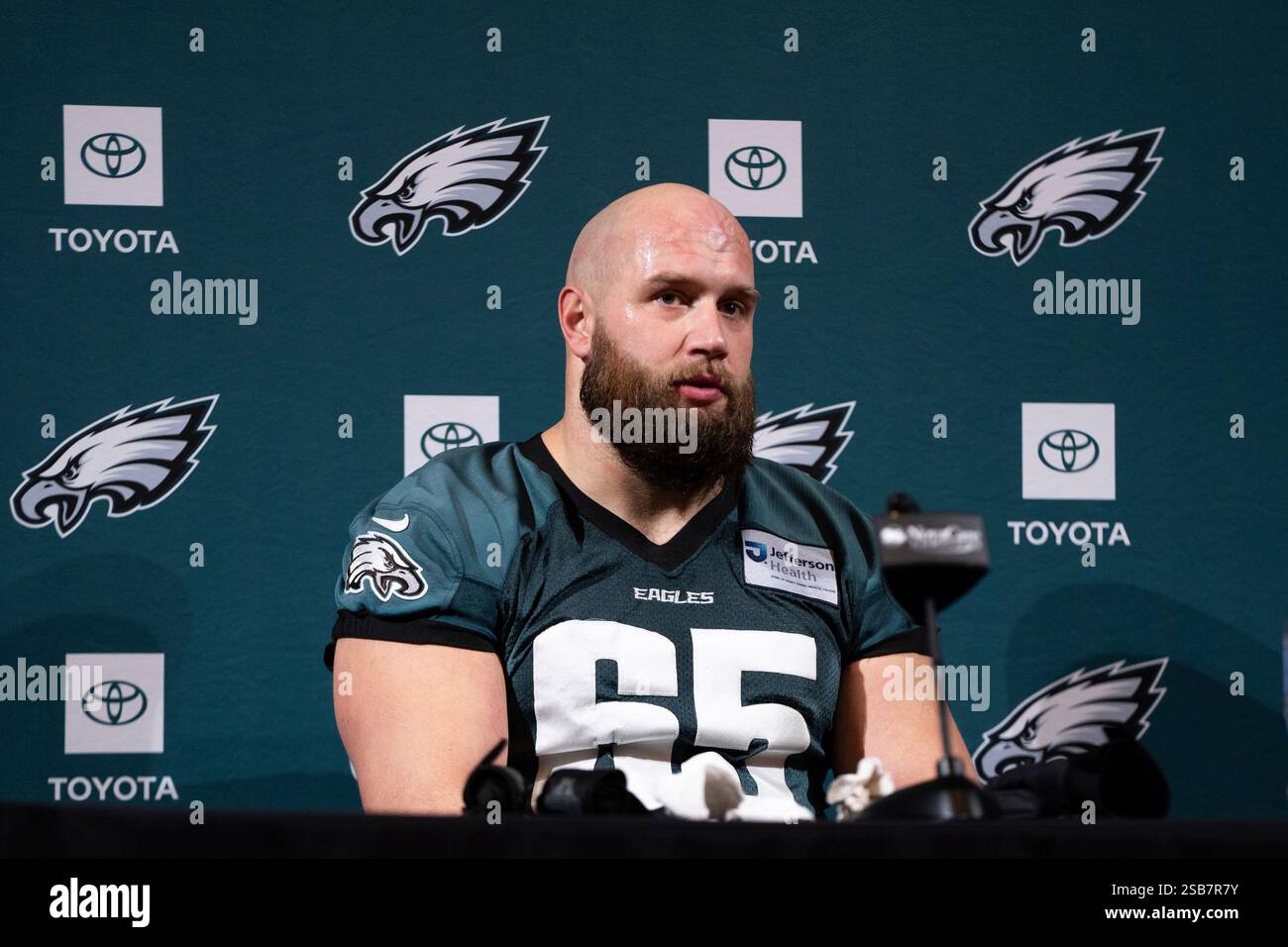 Philadelphia Eagles tackle Lane Johnson speaks with the media during a ...