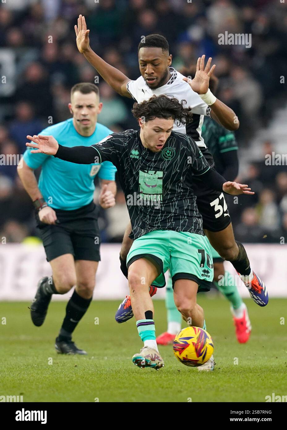 Derby, UK. 1st Feb, 2025. Ebou Adams of Derby County tussles with ...