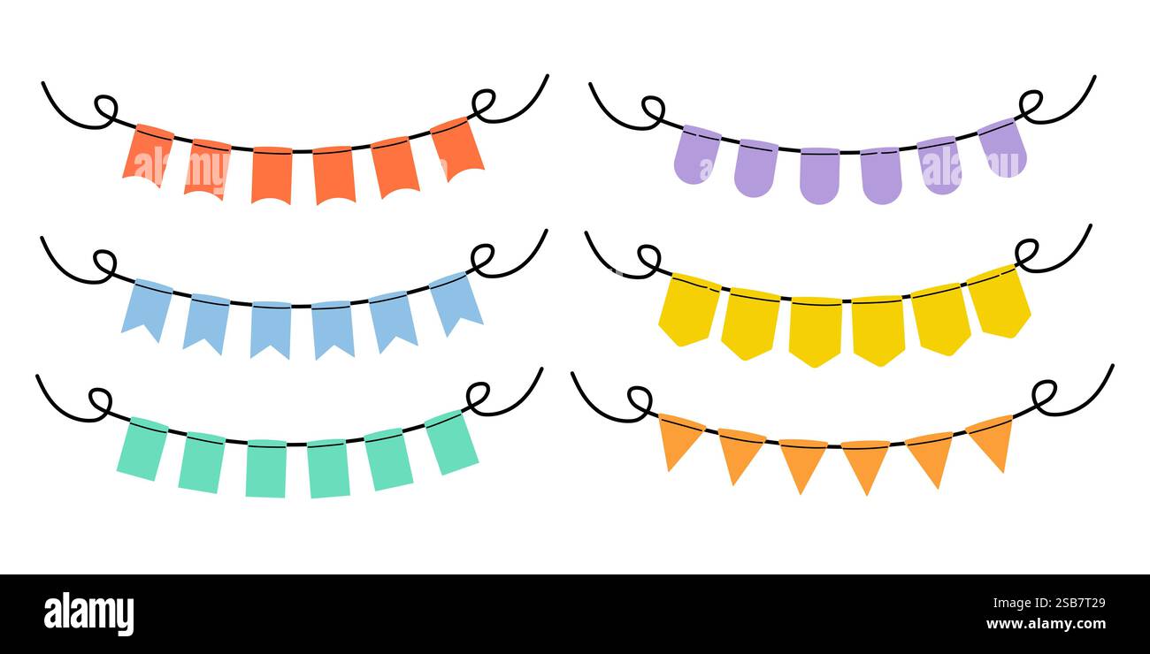 Brightly colored banners in orange, purple, blue, and yellow hang from ...