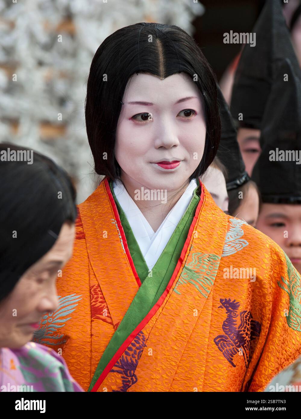 Females dressed in colorful kimono as aristocrats from the Heian Period ...