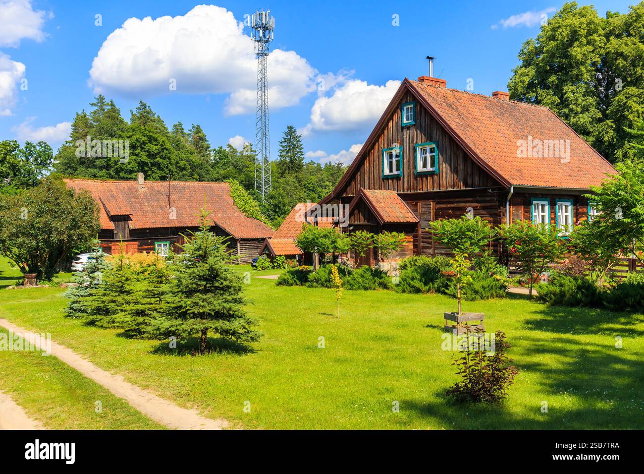 Old traditional rural houses in Krutyn village near lake Mokre ...