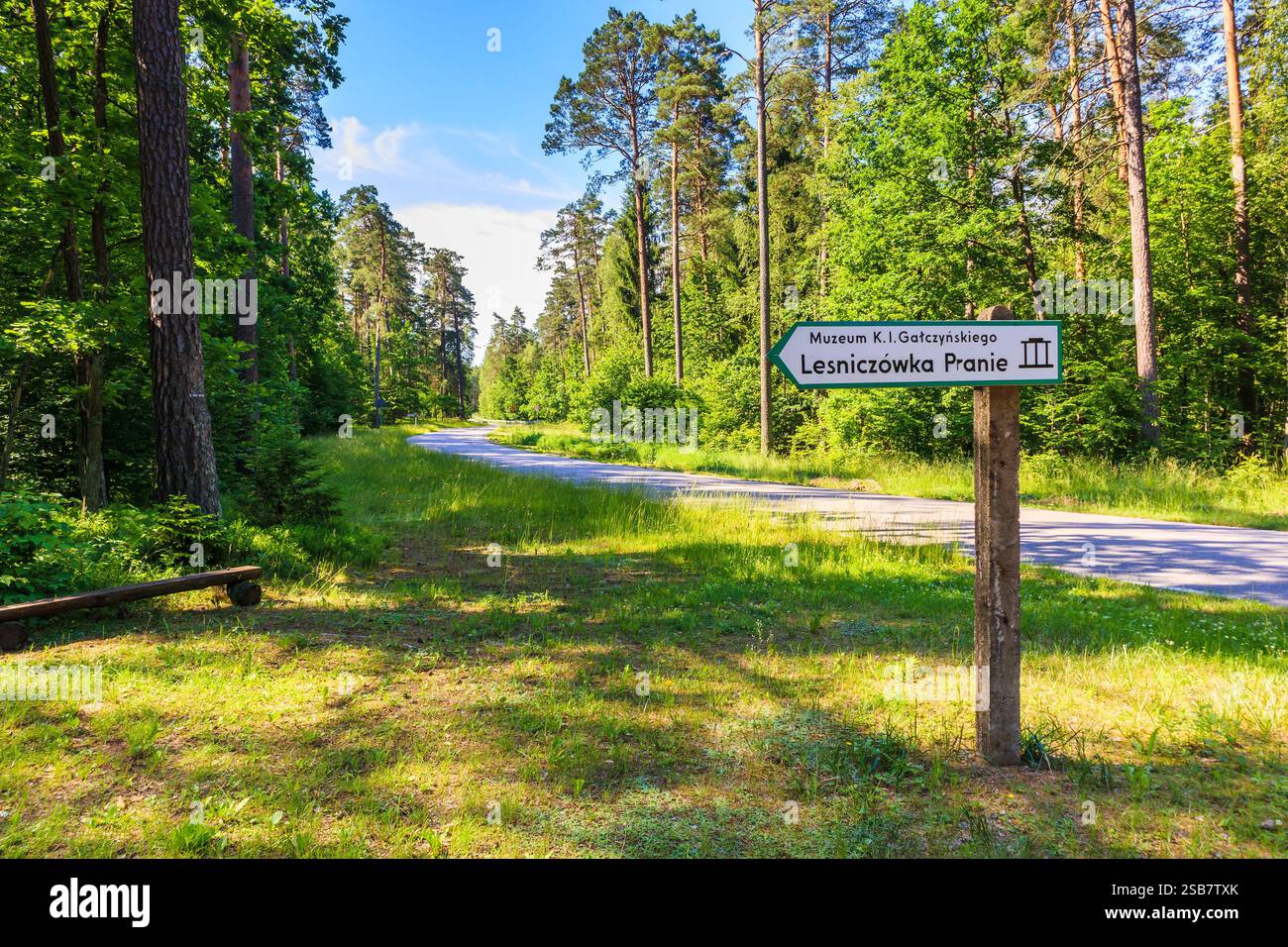 PUSZCZA PISKA, POLAND - JUN 25, 2020: Sign along forest road to ...