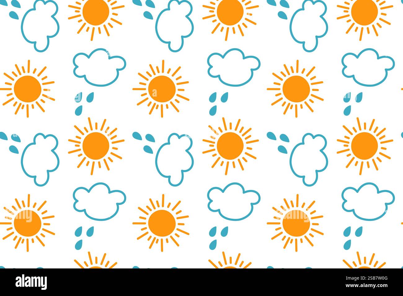 Pattern featuring sun, clouds, and rain in bright colors on a white ...