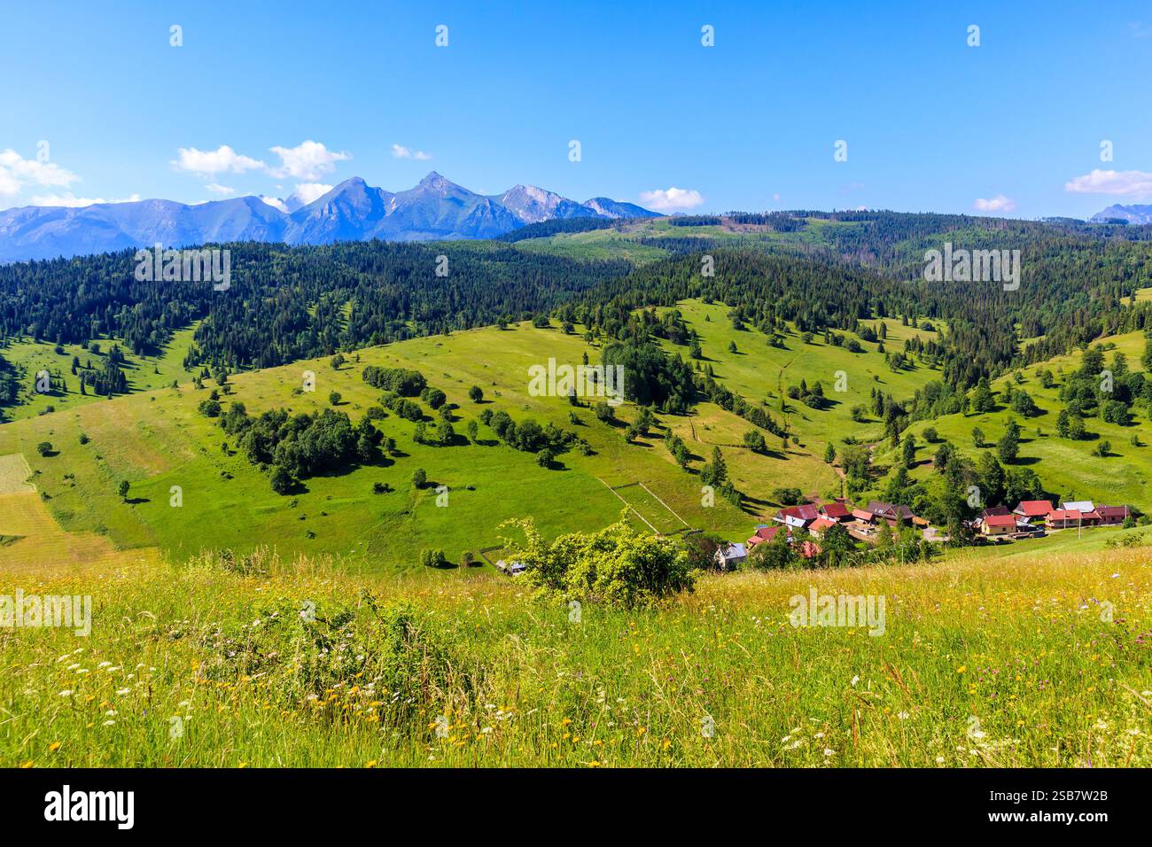 View of village in the valley of Tatra Mountains on beautiful summer ...