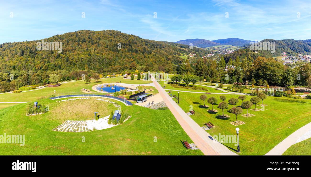 Panoramic view of Muszyna town park located on left bank of Poprad ...
