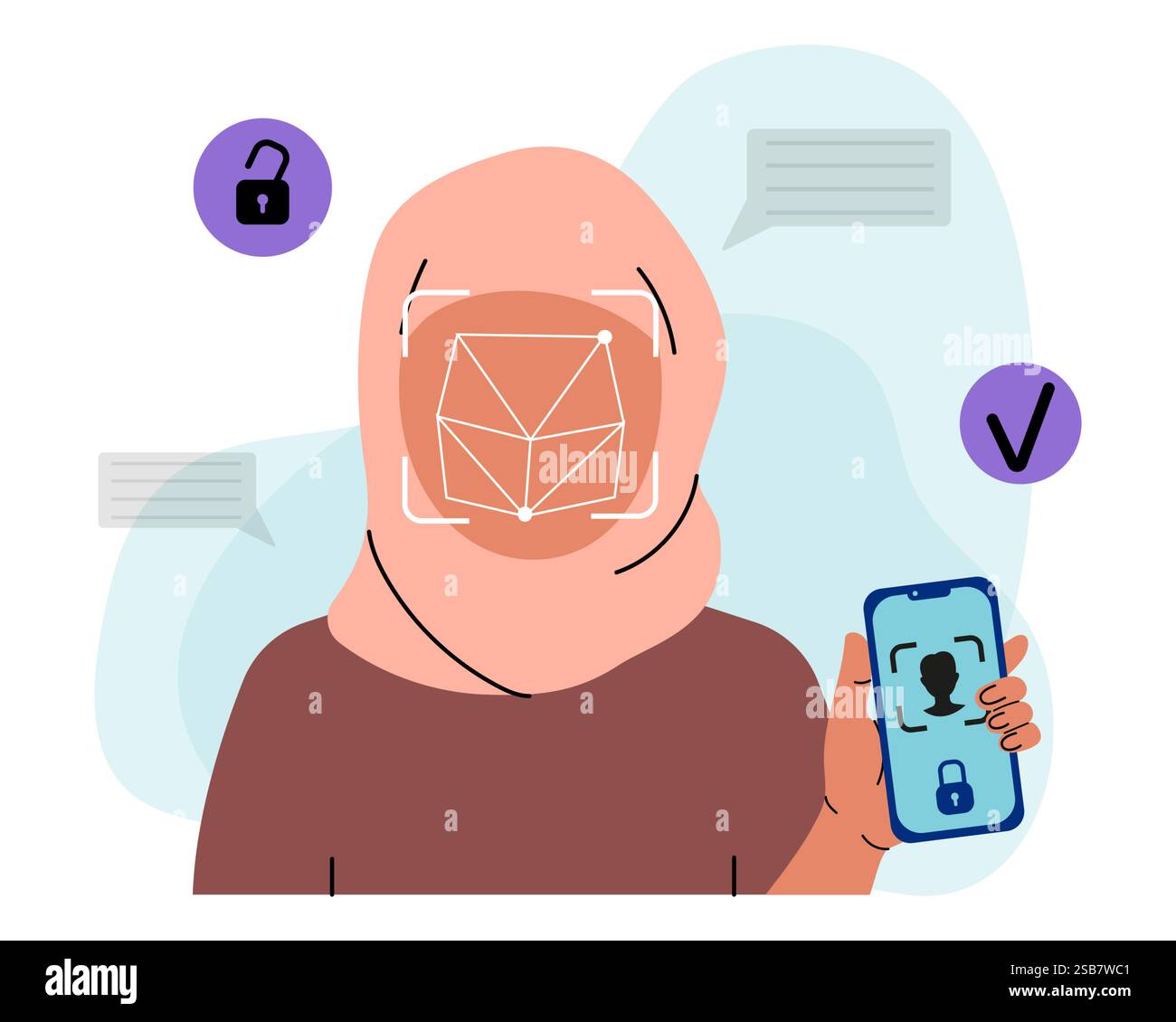 A woman in a hijab uses facial recognition on her smartphone to unlock it. A checkmark appears ...