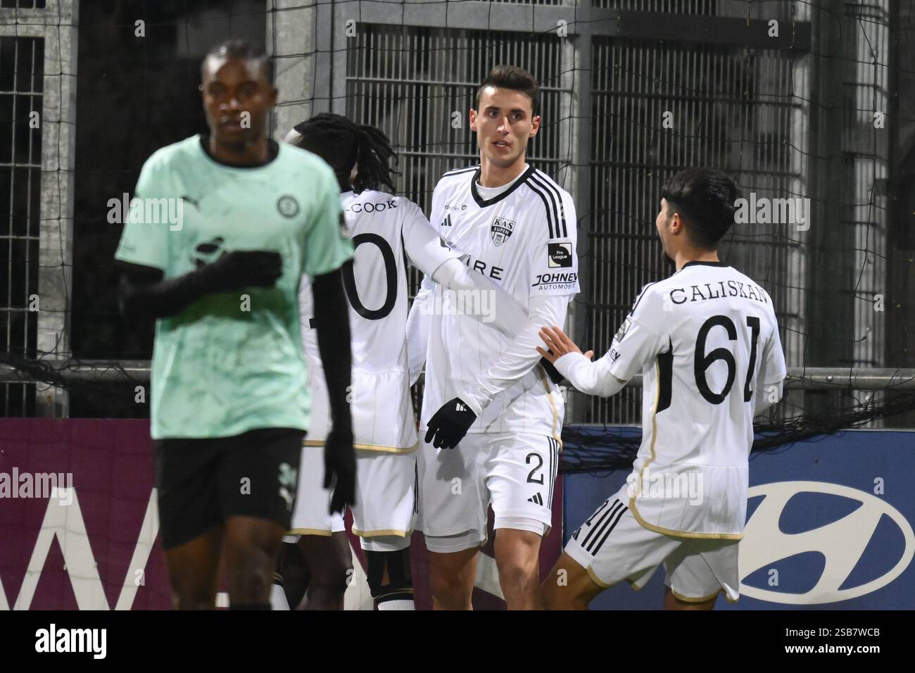 Eupen, Belgium. 01st Feb, 2025. Eupen's Yentl Van Genechten celebrates ...