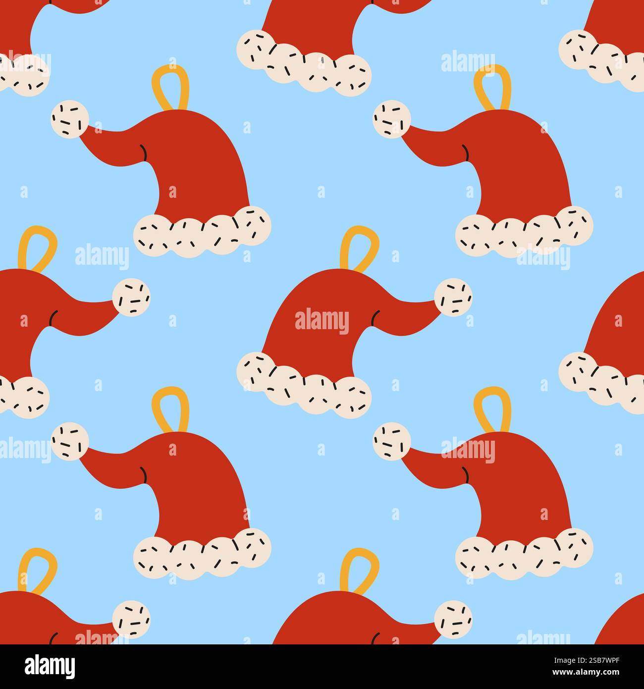 Pattern of cheerful red hats with white trim on a light blue background ...