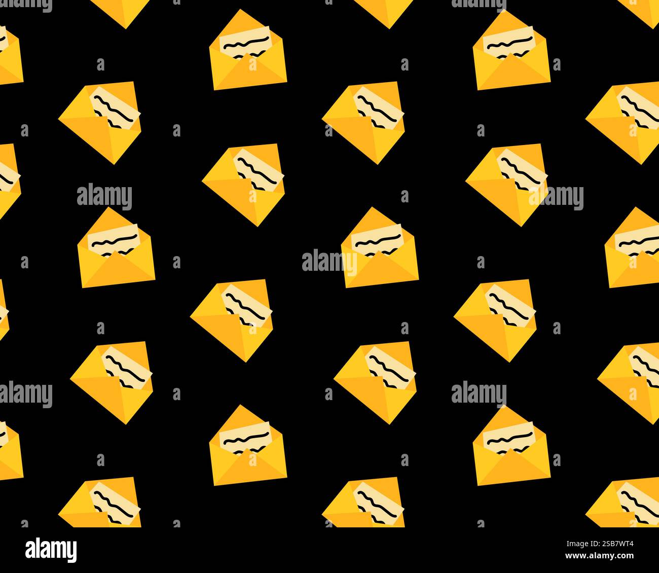 Repeated pattern of yellow envelopes on a black background for digital ...