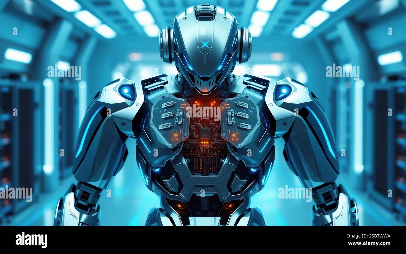 A futuristic humanoid robot with a sleek design, glowing eyes, and ...