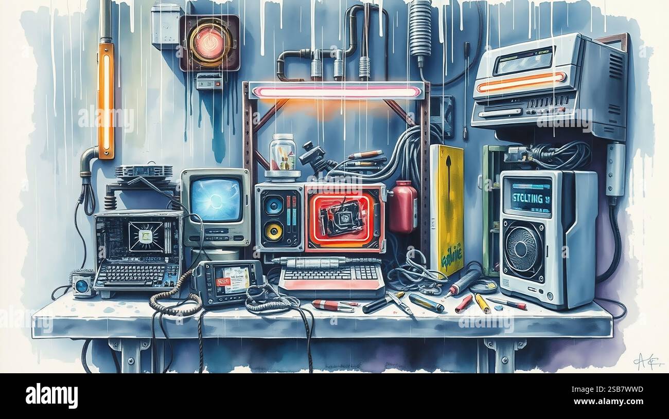 Cyberpunk workshop with neon lights, tools, computer hardware, and ...