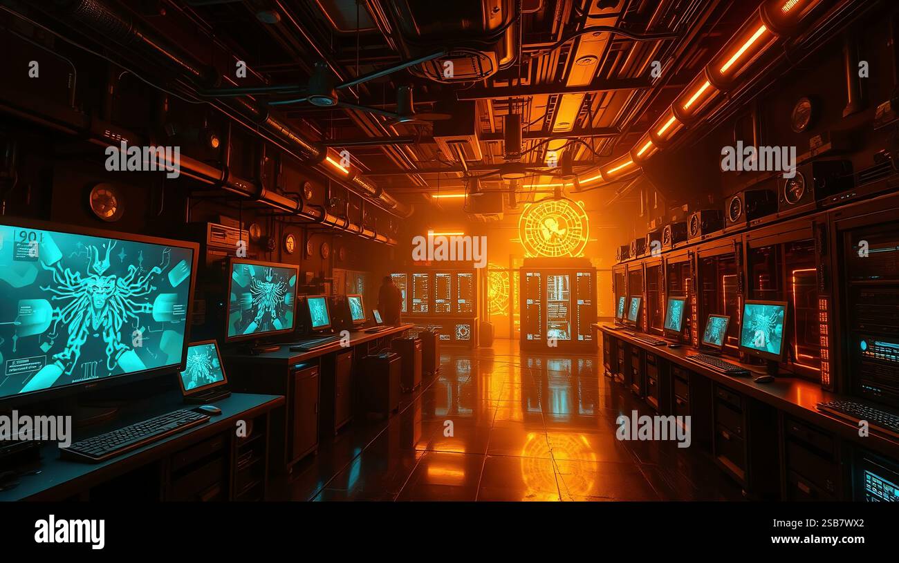 Futuristic cyberpunk server room with glowing neon lights, advanced ...