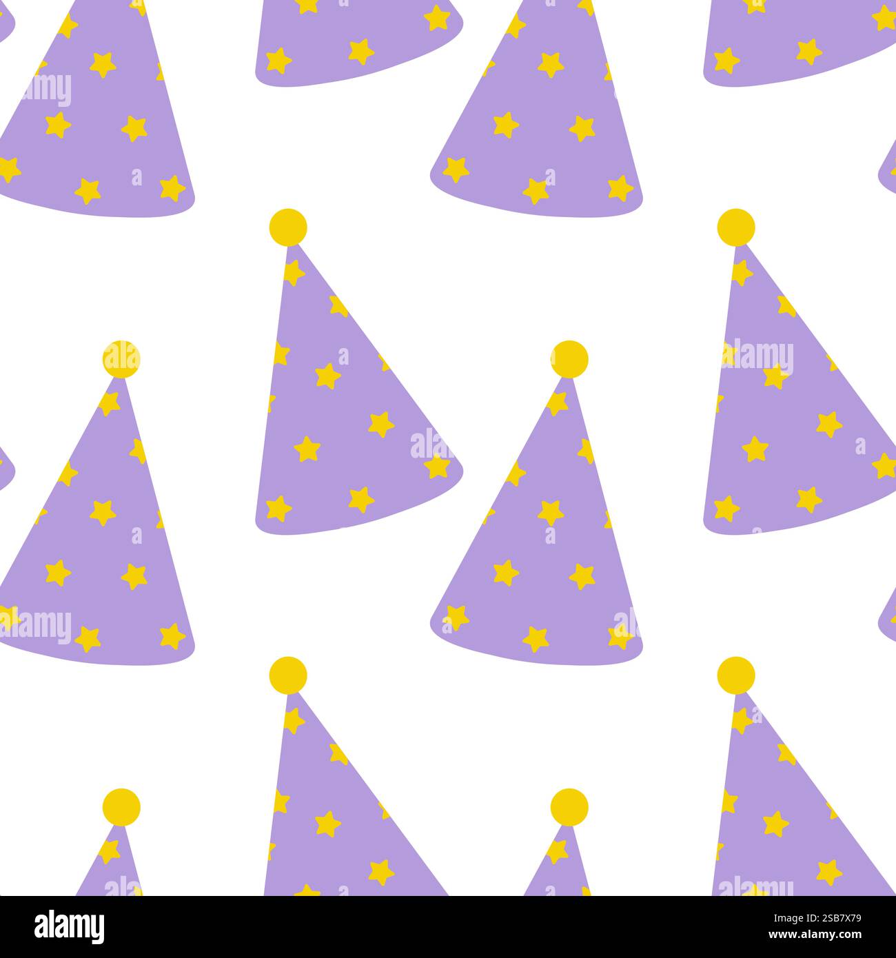 Purple party hats with yellow stars on a white background create a ...