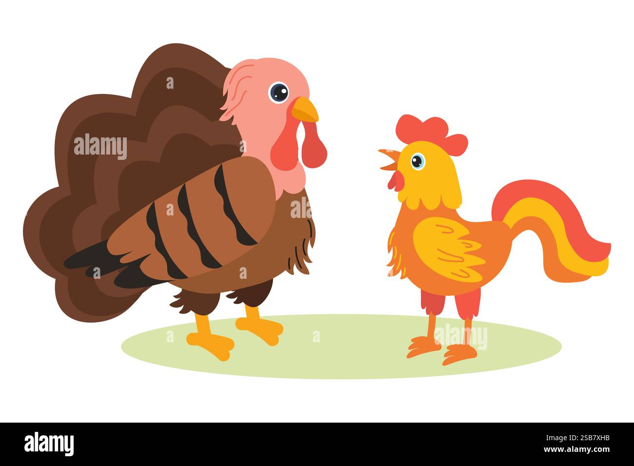 Colorful cartoon turkey and rooster standing together on green grass ...