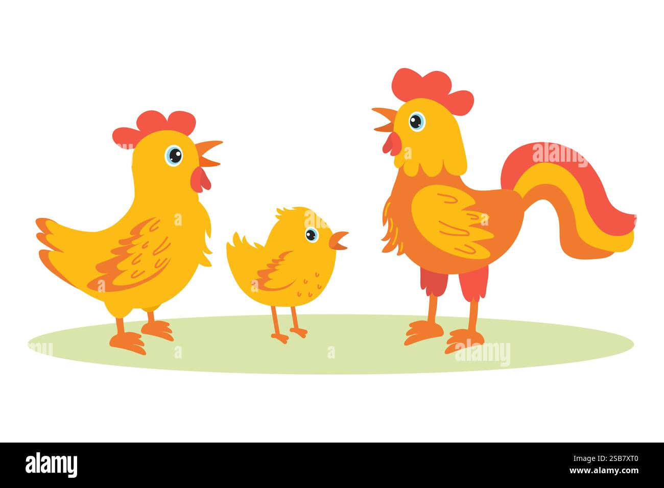 Colorful cartoon chickens and chick singing together in a lively farm ...