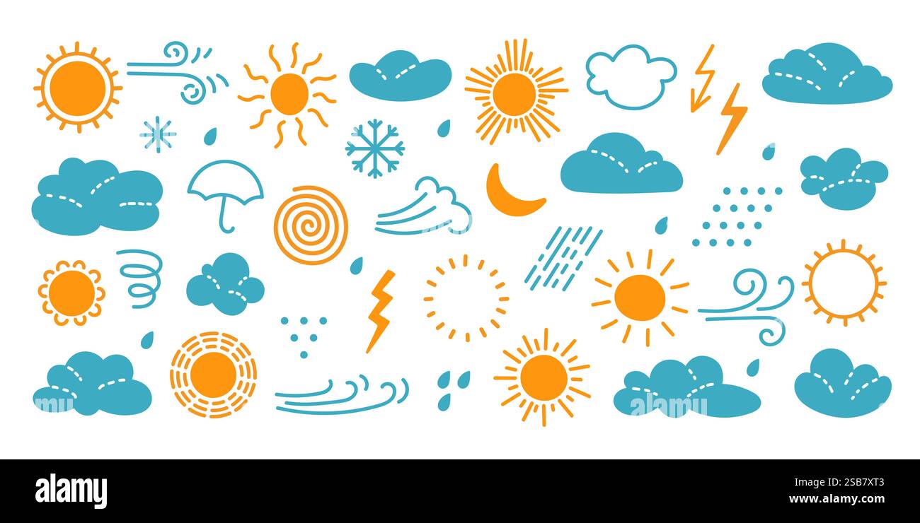 Bright and playful vector weather symbols featuring sun, clouds, and ...