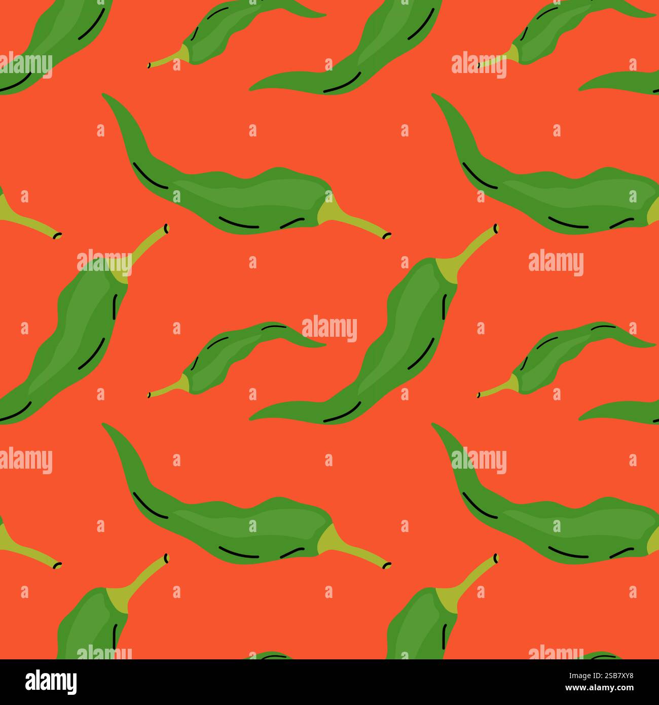 Colorful pattern of green chilies on a vibrant orange background in a ...