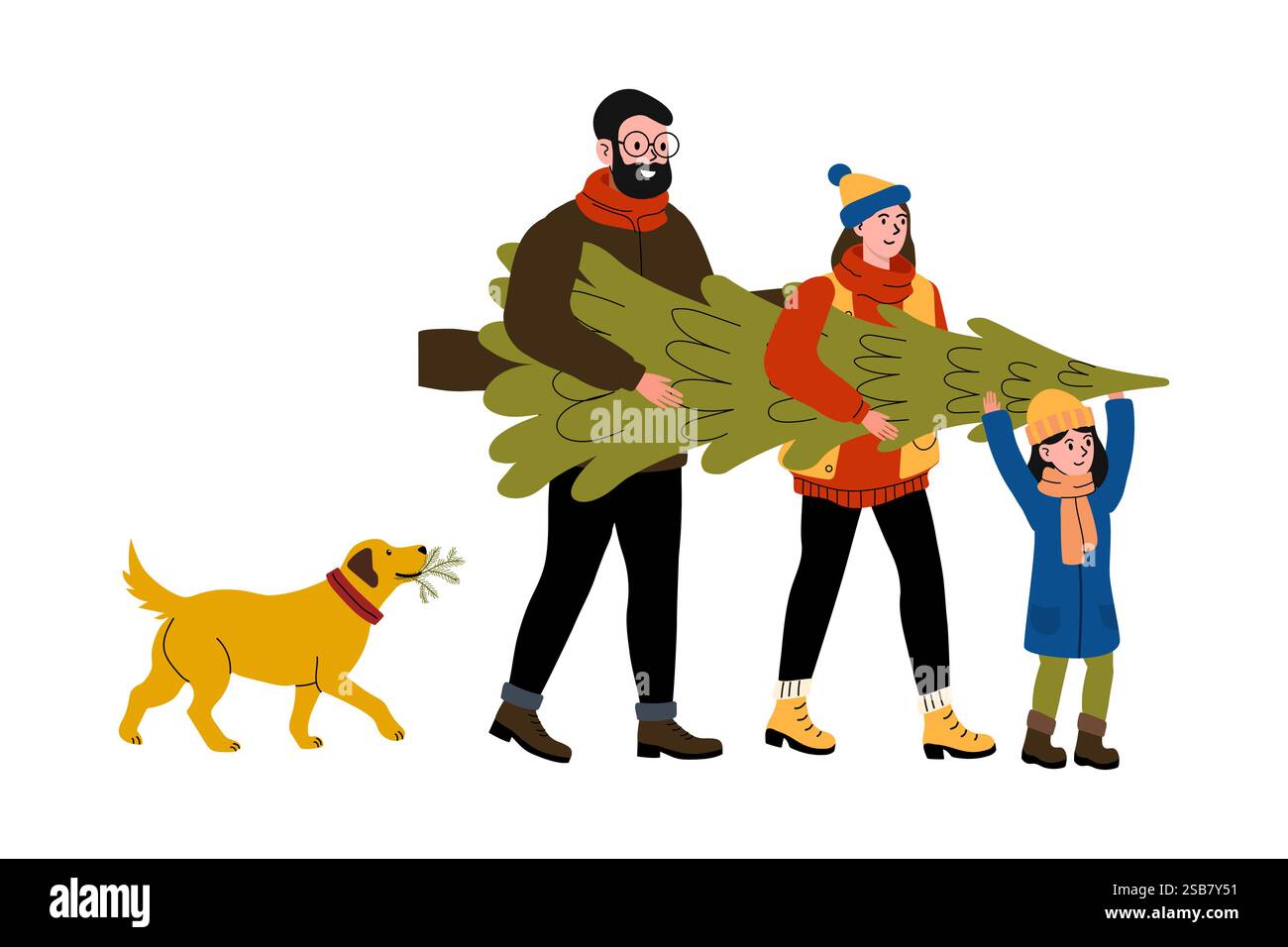 Family enjoys a festive outing while carrying a Christmas tree with ...