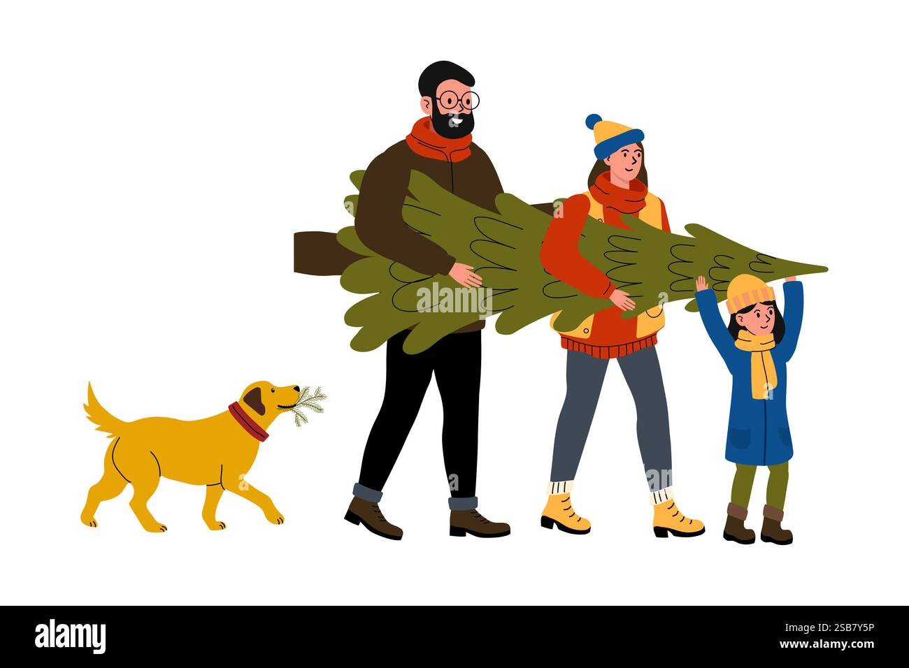 Family happily carrying a Christmas tree home together with their ...