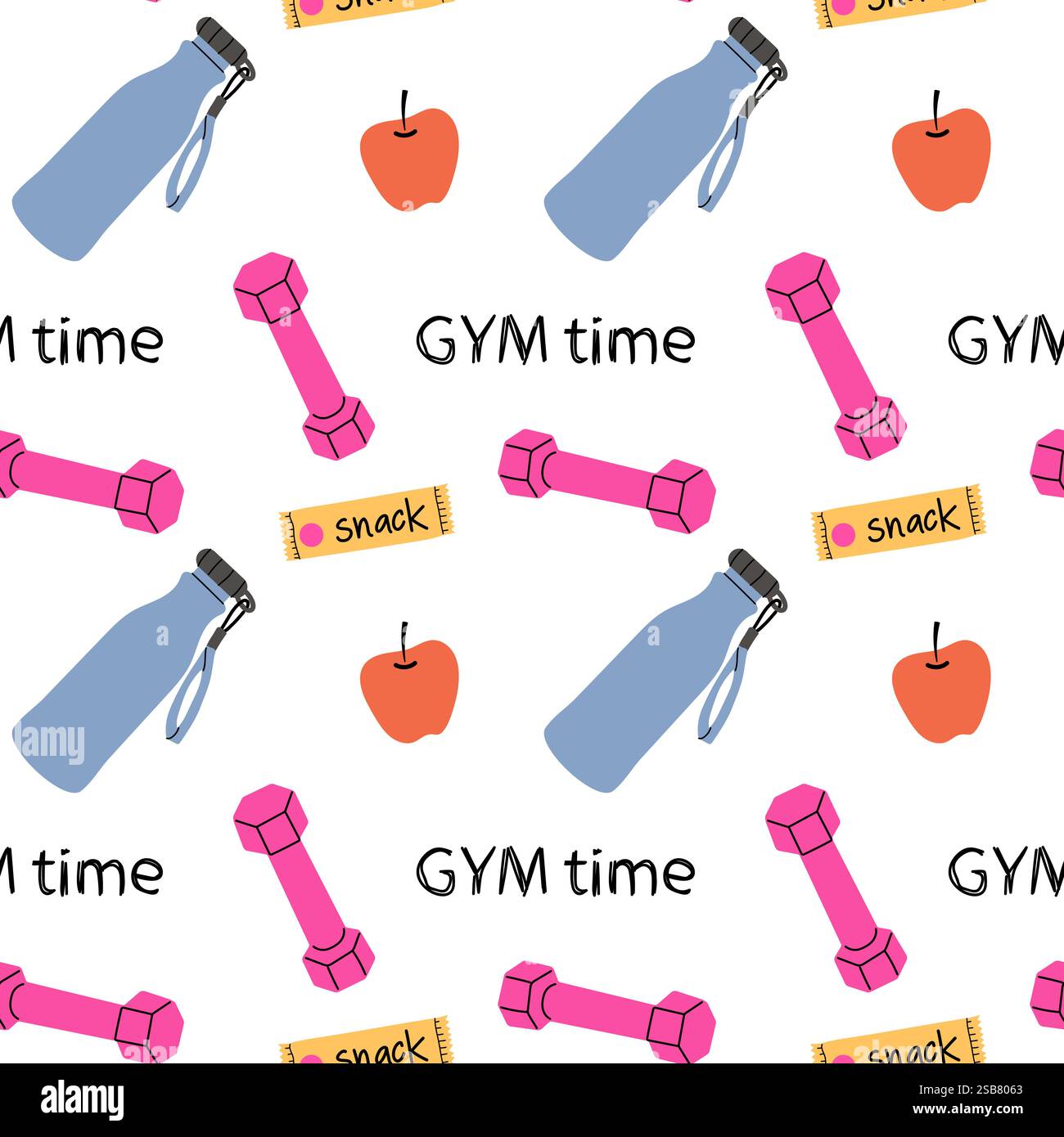 Vibrant gym pattern featuring bottles, weights, snacks, and apples for ...
