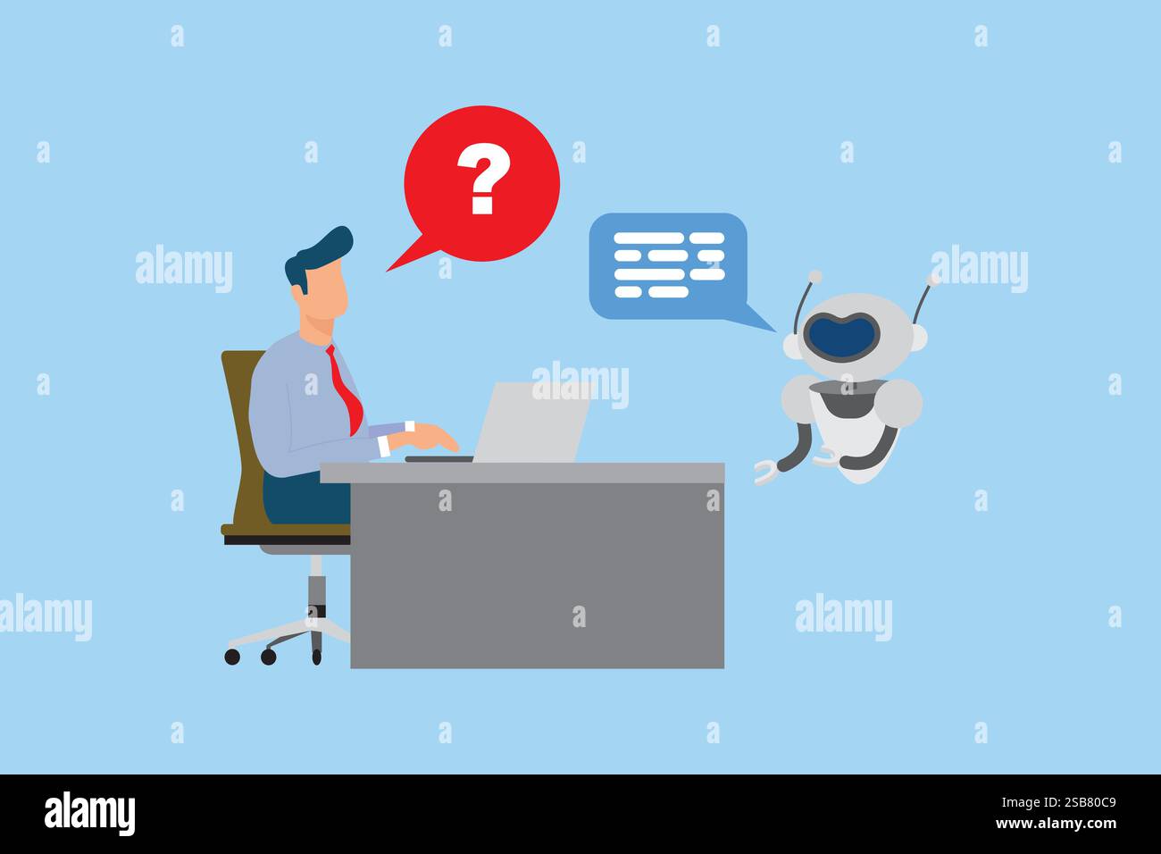 Corporate businessman and humanoid AI robot sitting at desk and working ...