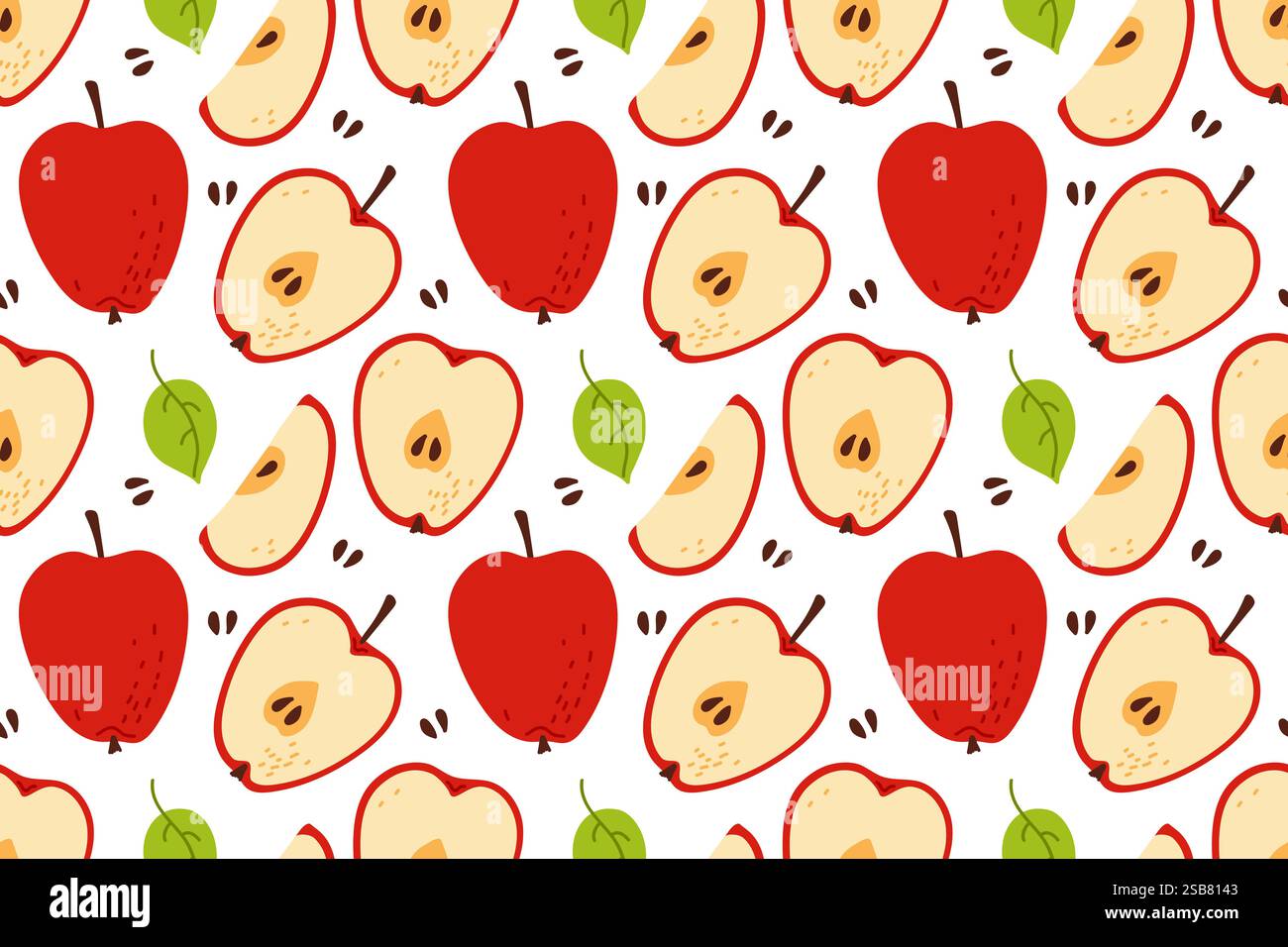 A colorful pattern of apples and leaves in fun designs on a white ...
