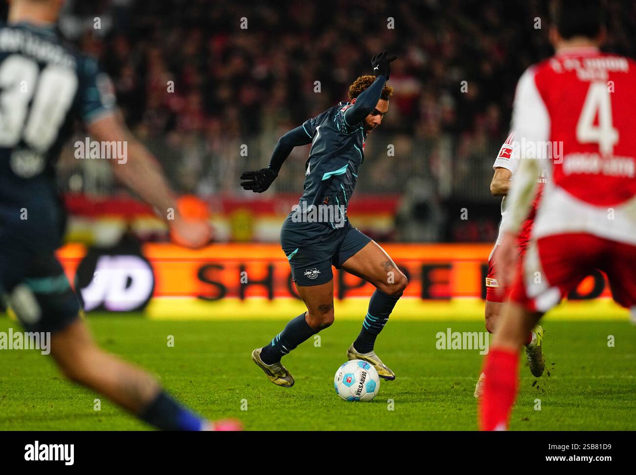 February 01 2025: Antonio Nusa of RB Leipzig controls the ball during a ...